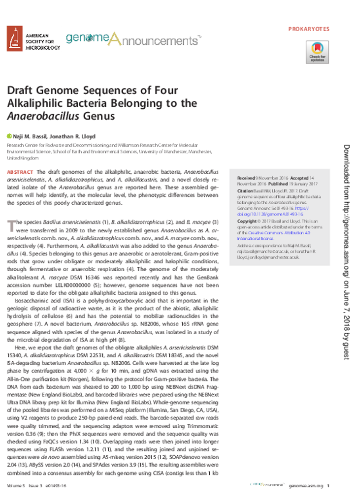 Draft Genome Sequences of Four Alkaliphilic Bacteria Belonging to the ...