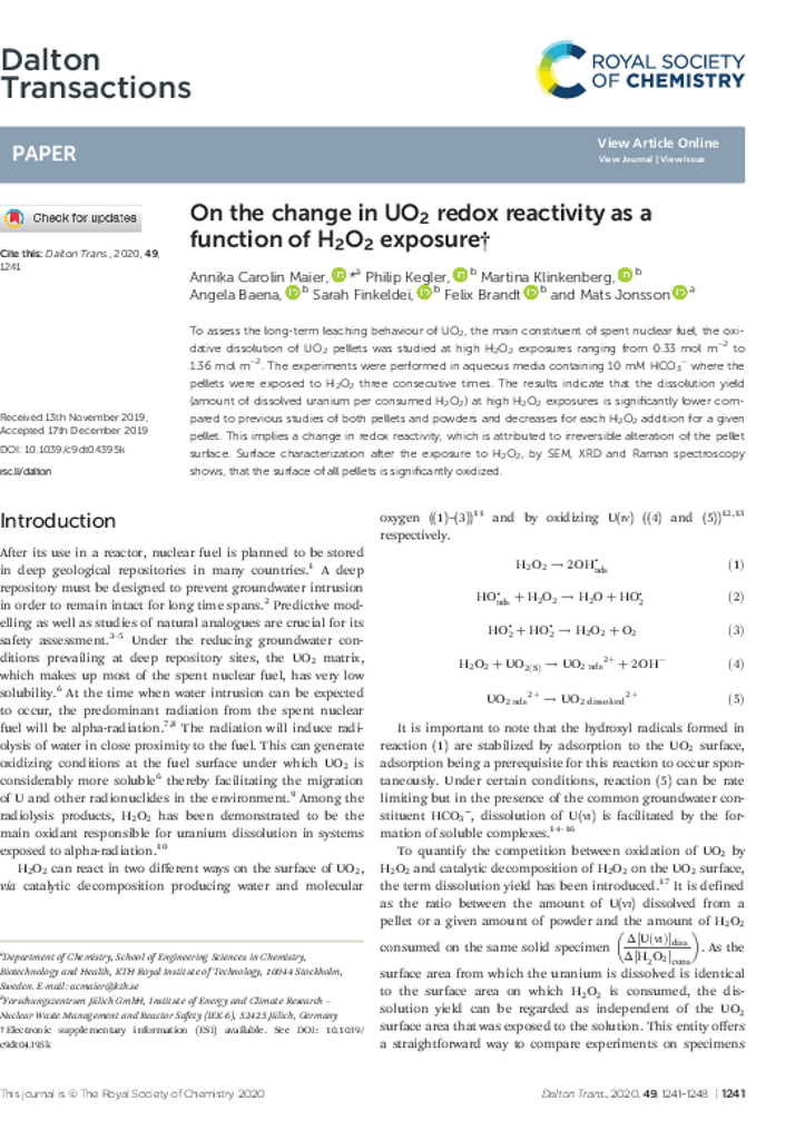 On the change in UO2 redox reactivity as a function of H2O2 exposure ...