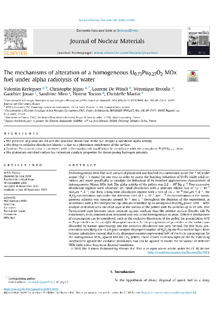 The mechanisms of alteration of a homogeneous U0.73Pu0.27O2 MOx fuel ...