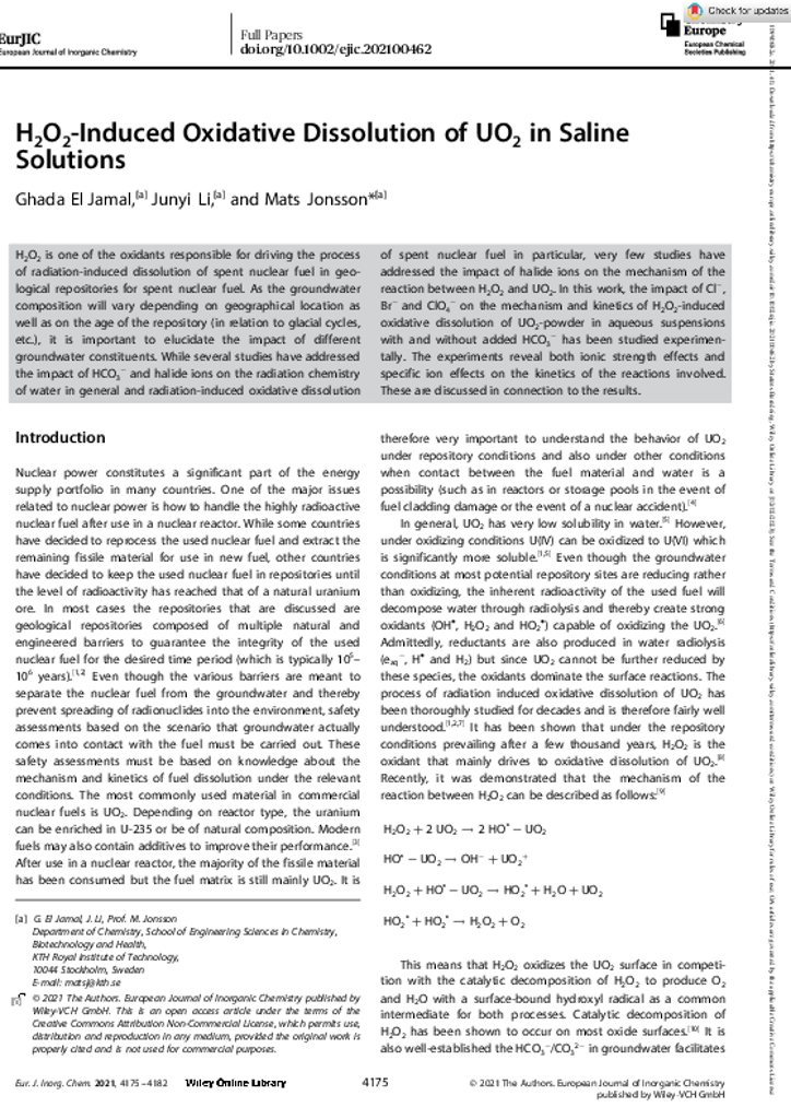 H2O2-Induced Oxidative Dissolution of UO2 in Saline Solutions – SKB.com
