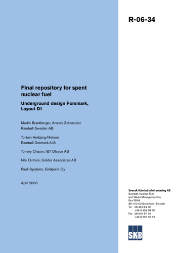 Final repository for spent nuclear fuel. Underground design Forsmark ...