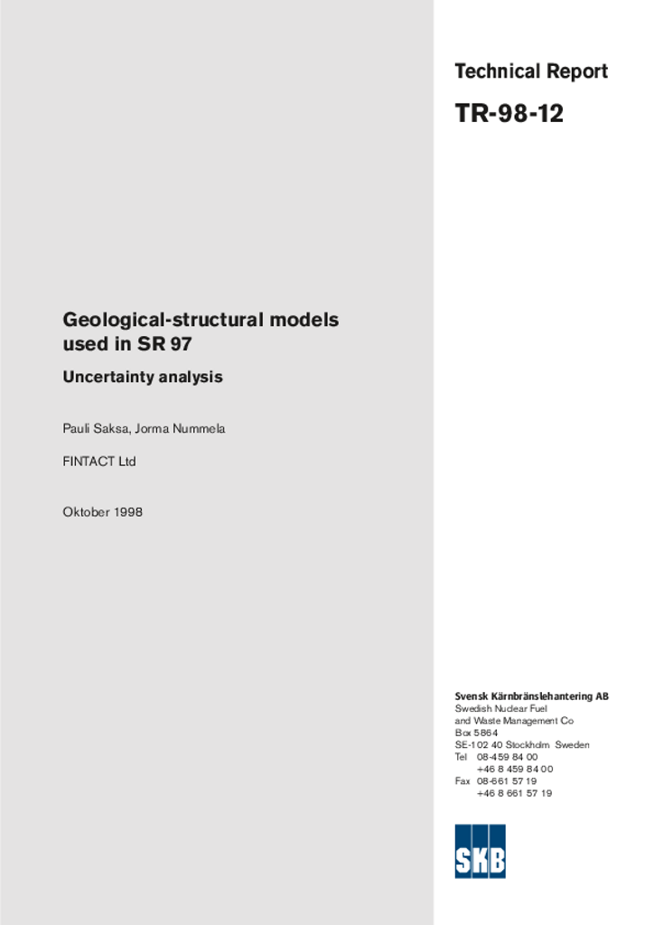 Geological-structural models used in SR 97. Uncertainty analysis – SKB.com