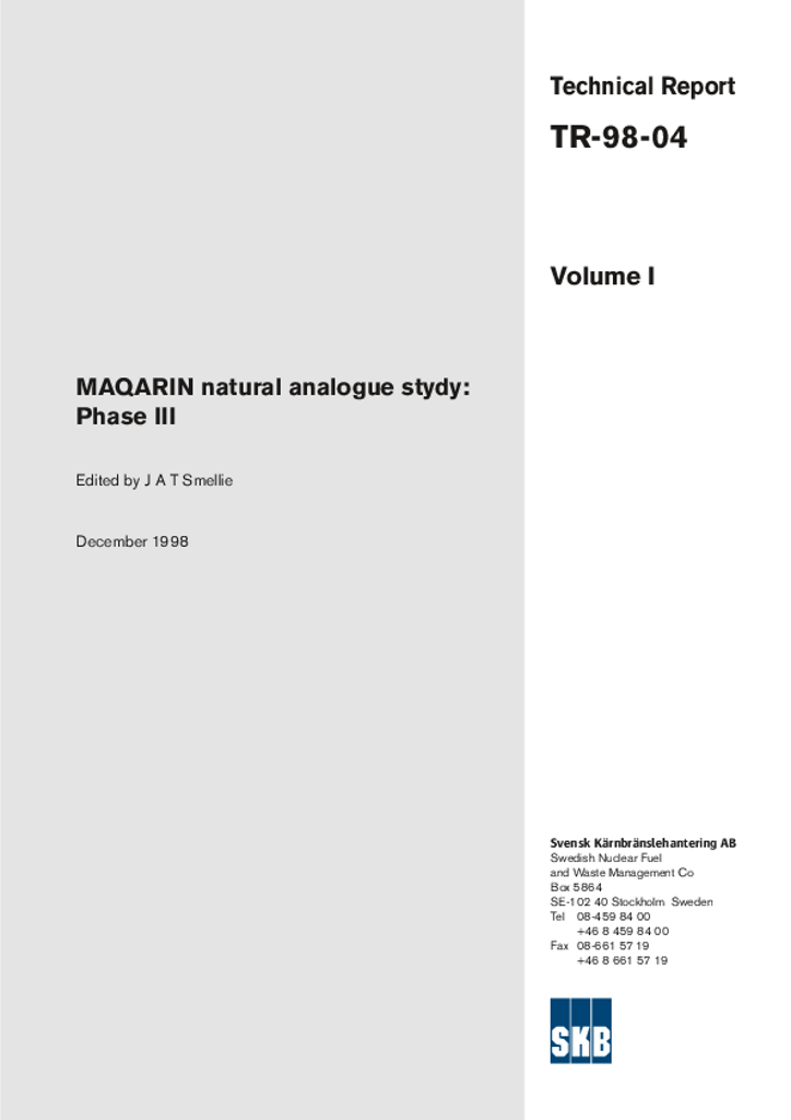 Maqarin Natural Analogue Study: Phase III, vol. I and II – SKB.com