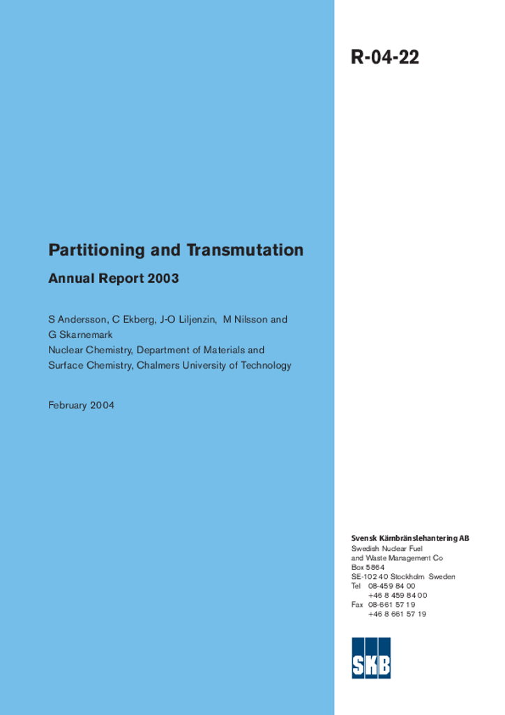 Partitioning and Transmutation. Annual Report 2003 – SKB.com