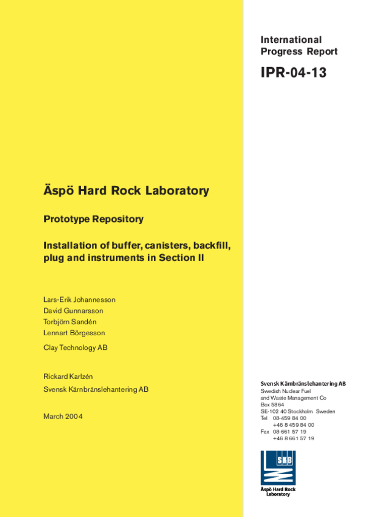 Äspö Hard Rock Laboratory. Prototype repository. Installation of buffer ...