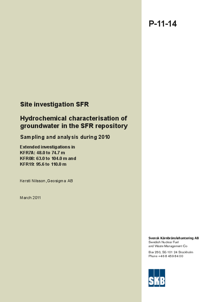 Site investigation SFR. Hydrochemical characterisation of groundwater ...