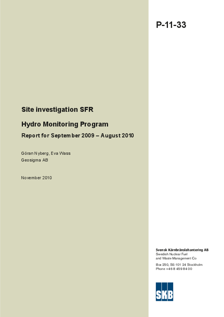 Site investigation SFR. Hydro Monitoring Program. Report for September ...