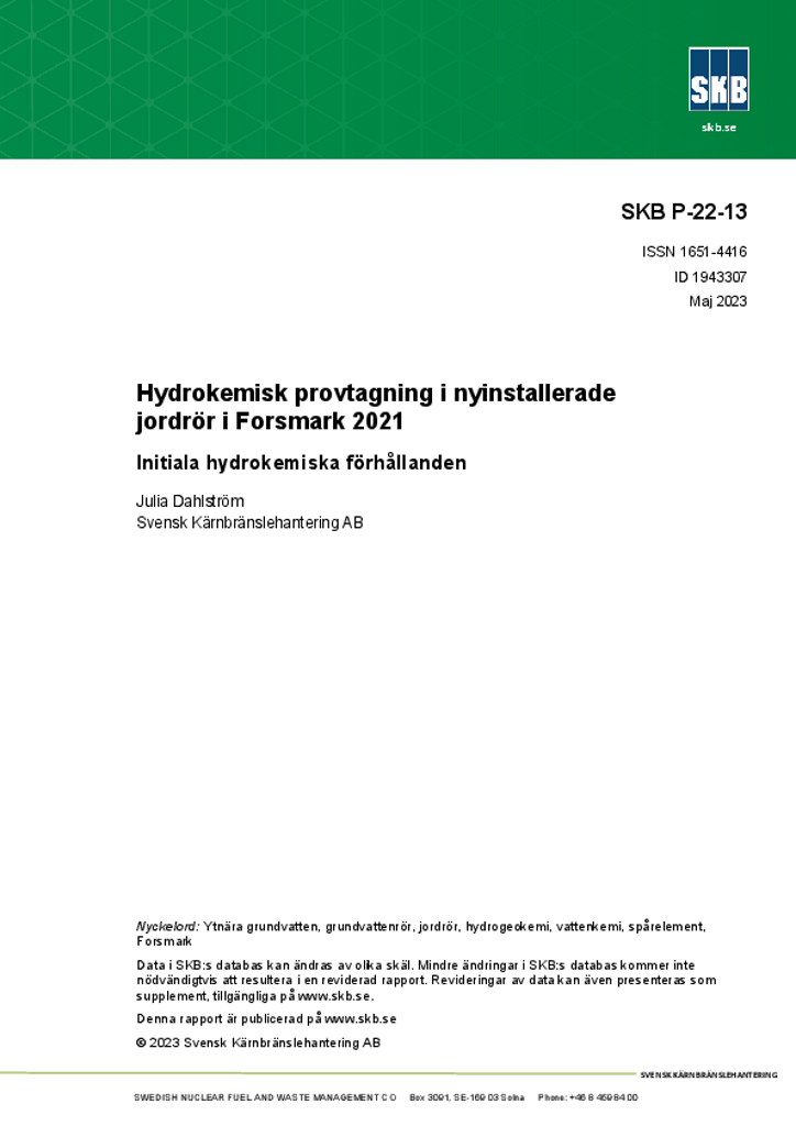 Hydrokemisk Provtagning I Nyinstallerade Jordr r I Forsmark 2021 Hydrokemisk Provtagning I Nyinstallerade Jordr r I Forsmark 2021