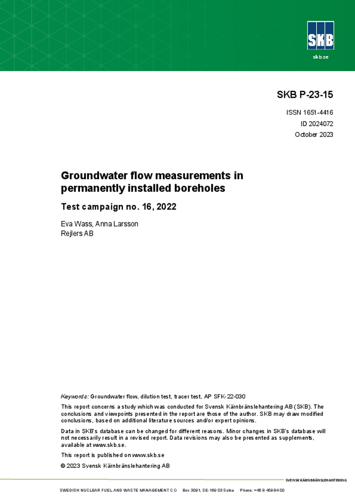 Groundwater flow measurements in permanently installed boreholes. Test ...