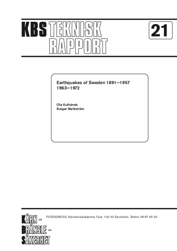 Earthquakes of Sweden 1891 – 1957, 1963 – 1972 – SKB.com
