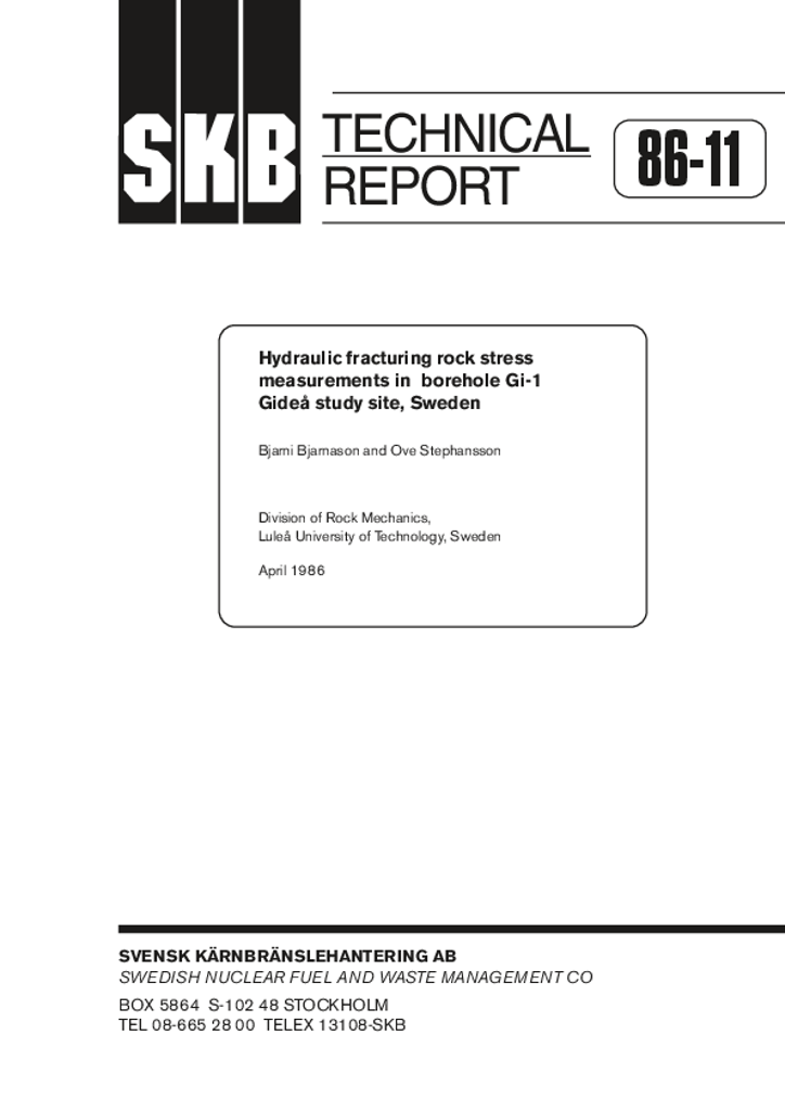 Hydraulic fracturing rock stress measurements in borehole Gi-1, Gideå ...
